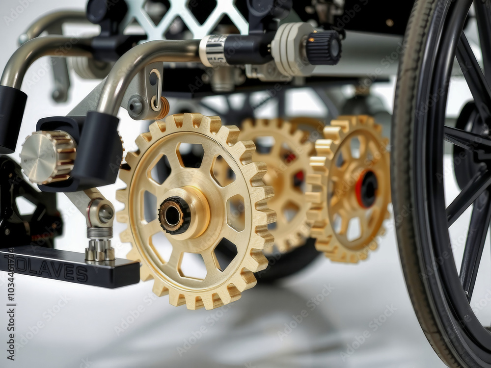 A wheeled device with gold gears and a black base. The device is made ...