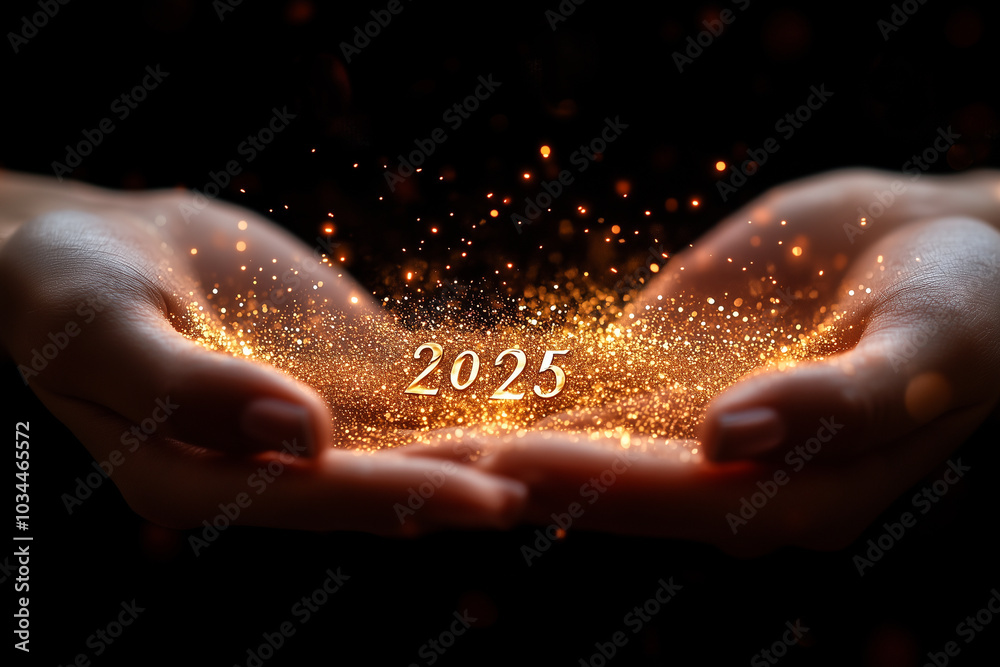 Two hands joined together with the numbers of the year 2025 in shiny ...