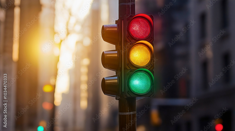 A tricolor traffic light with vertical alignment of red, yellow, and ...