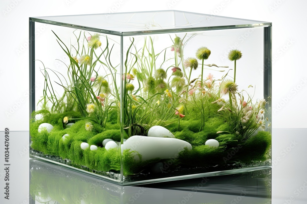 Inside a clear glass box a lively arrangement features green flowers ...