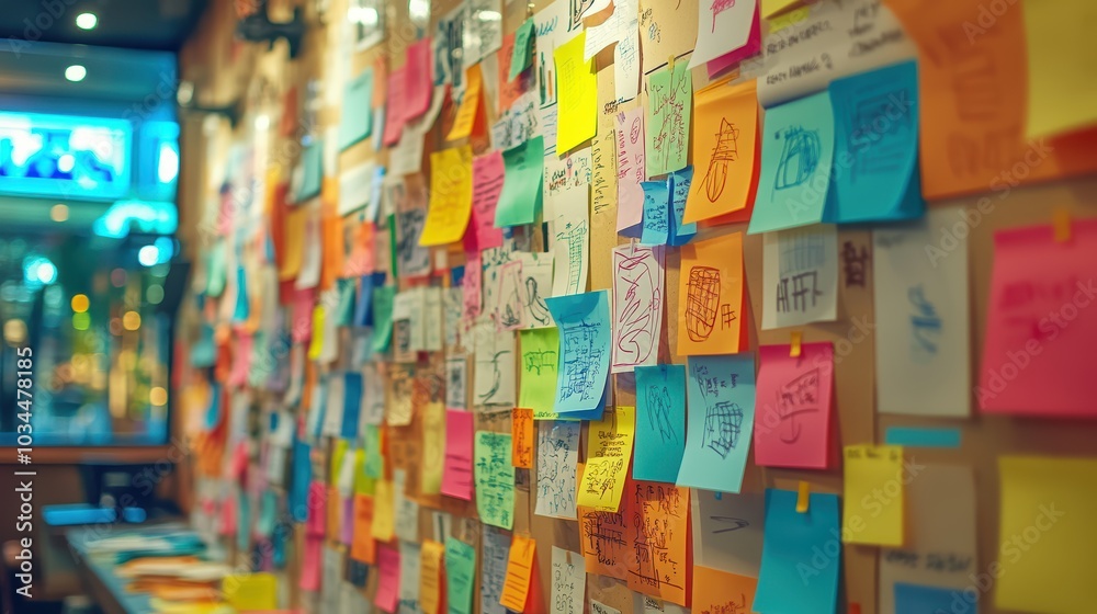 a brainstorming wall covered in colorful post-it notes and sketches of ...