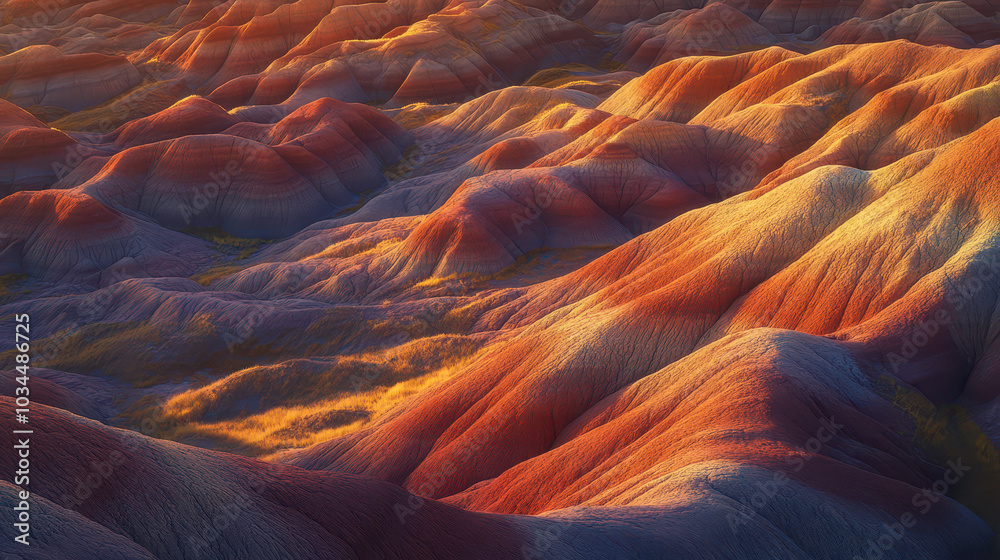 Vibrant Badlands at Golden Hour: Eroded Clay Hills with Textured Layers ...