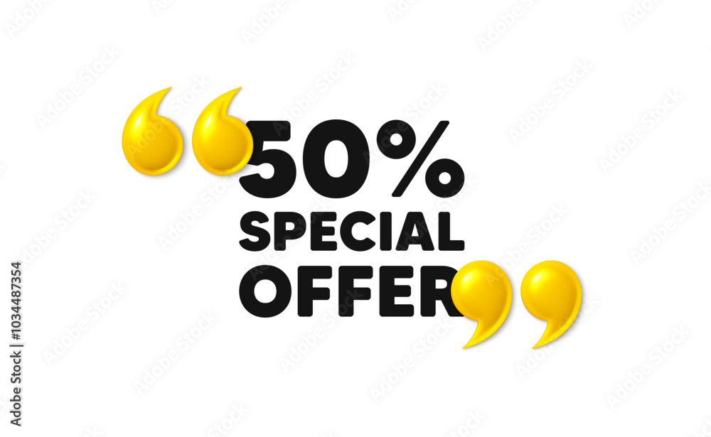 50 percent discount offer tag. 3d quotation marks with text. Sale price ...
