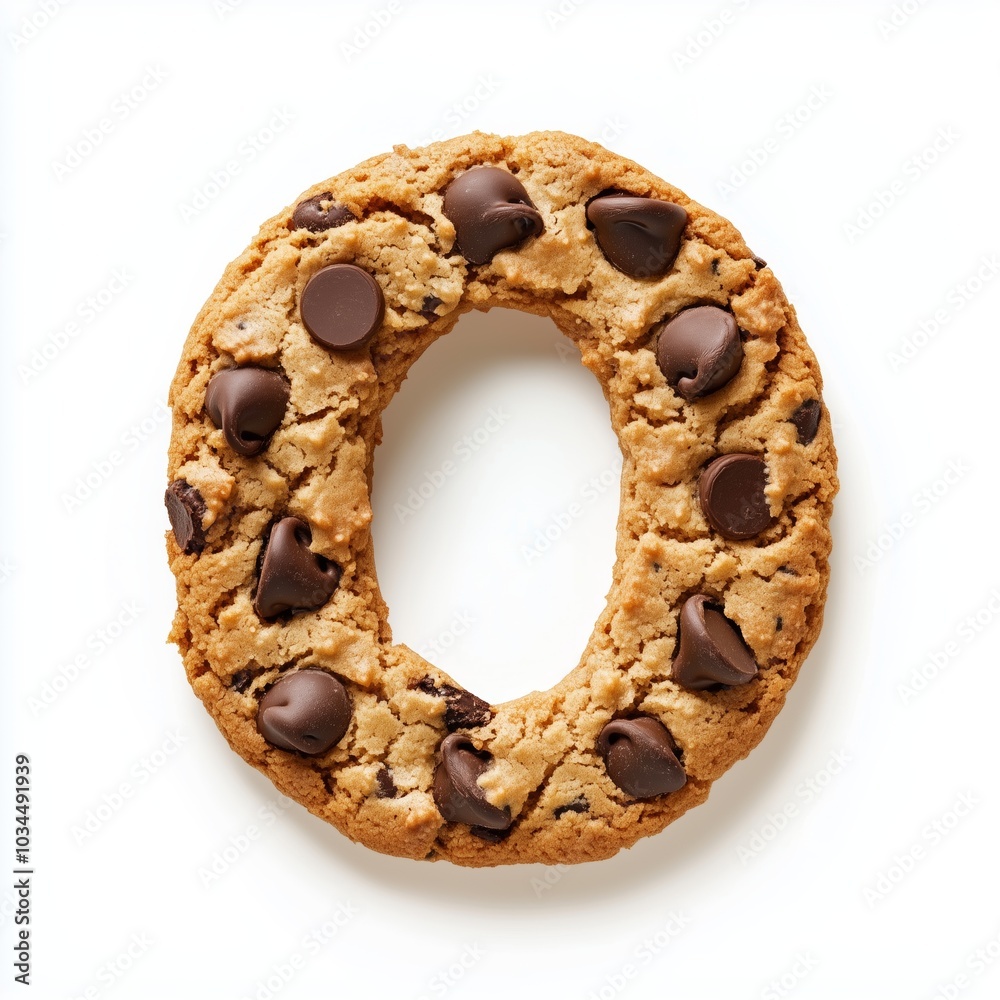 Round chocolate chip cookie shaped like the letter O, isolated on white ...