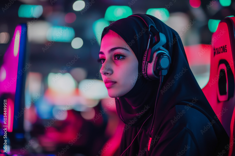 A determined Arabian female E-sport player takes center stage in a high ...