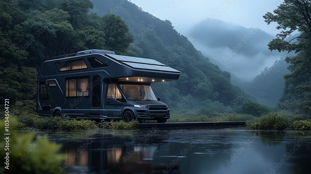 a futuristic mobile home, characterized by its sleek, glossy black ...