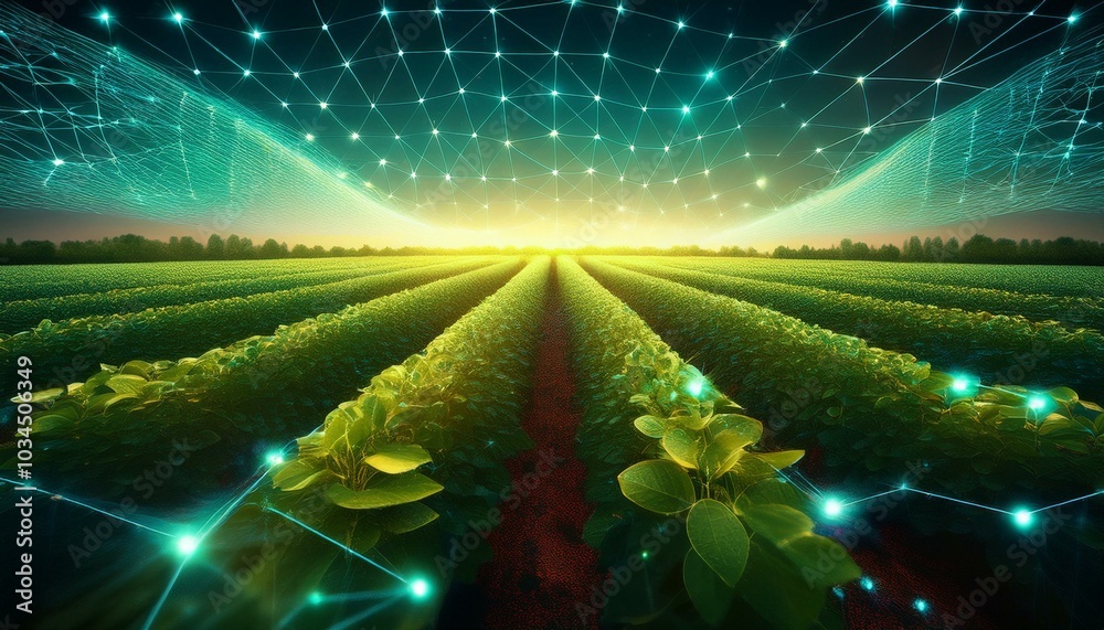green field of soybean plants with net of glowing dots above them ...