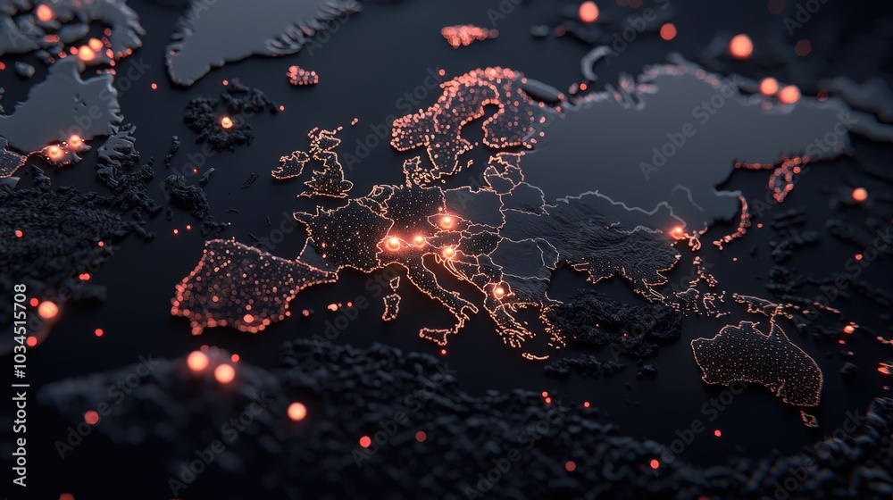A detailed virtual map showcasing cyber threat hotspots across various ...
