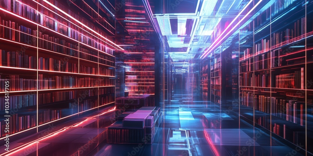A futuristic virtual library with holographic bookshelves and AI ...
