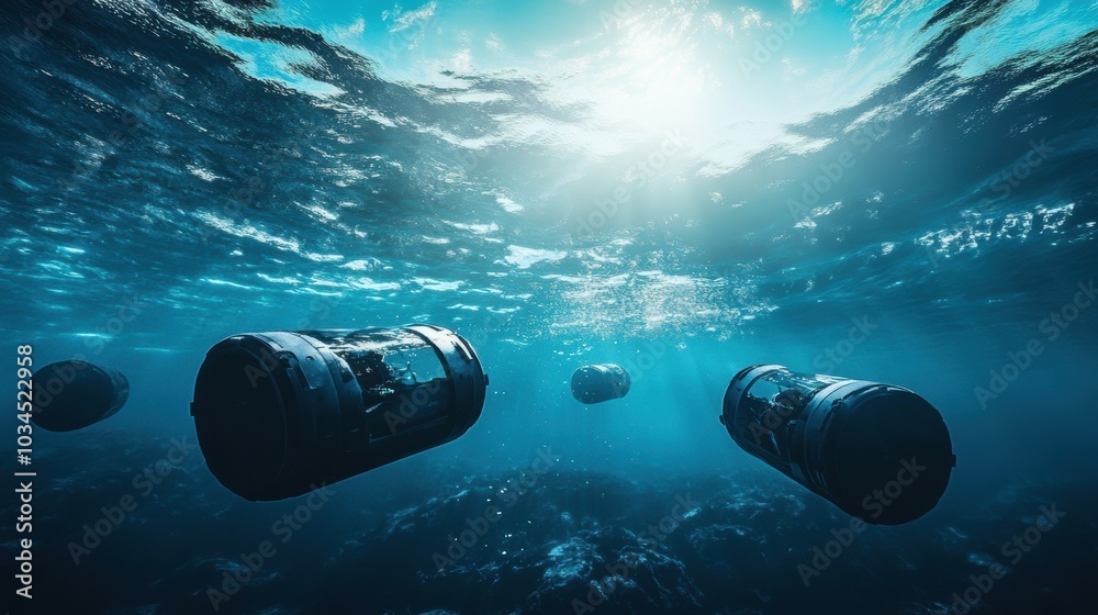 Ocean cleanup technologies. Multiple autonomous underwater drones ...