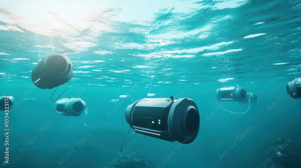 Ocean cleanup technologies. Multiple autonomous underwater drones exploring the ocean depths ...