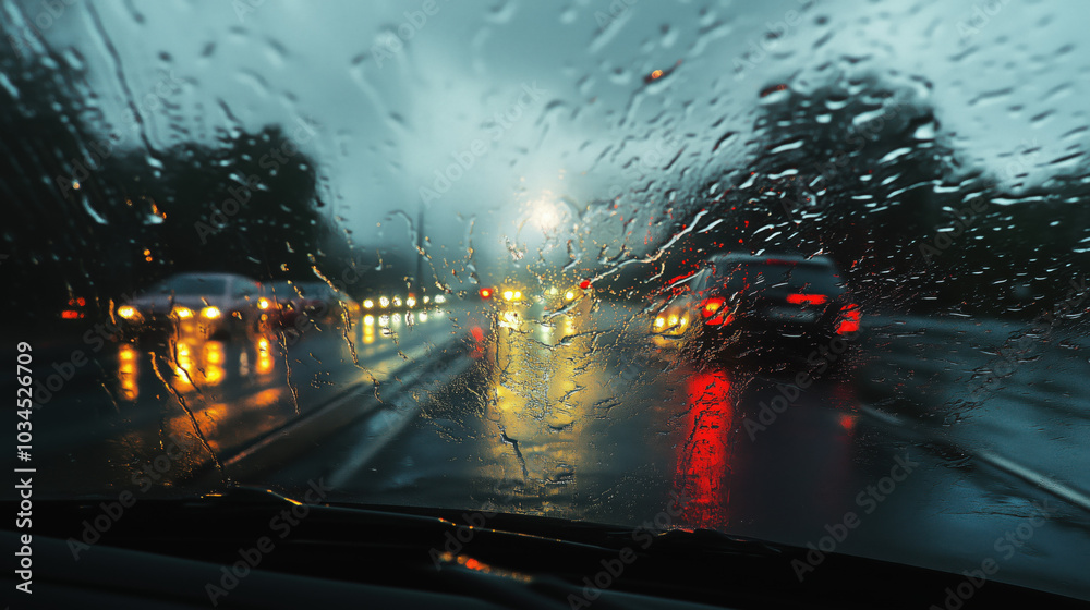 Street view with lights through windshield and car window while raining ...