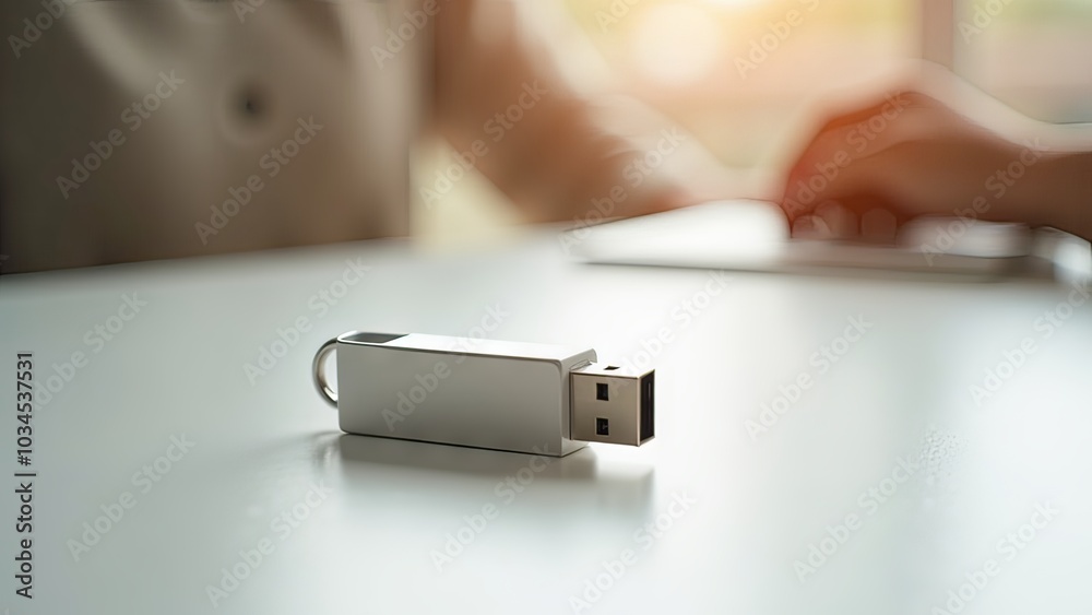 Generative, AI, USB flash drive on a white desk with blurred person in ...