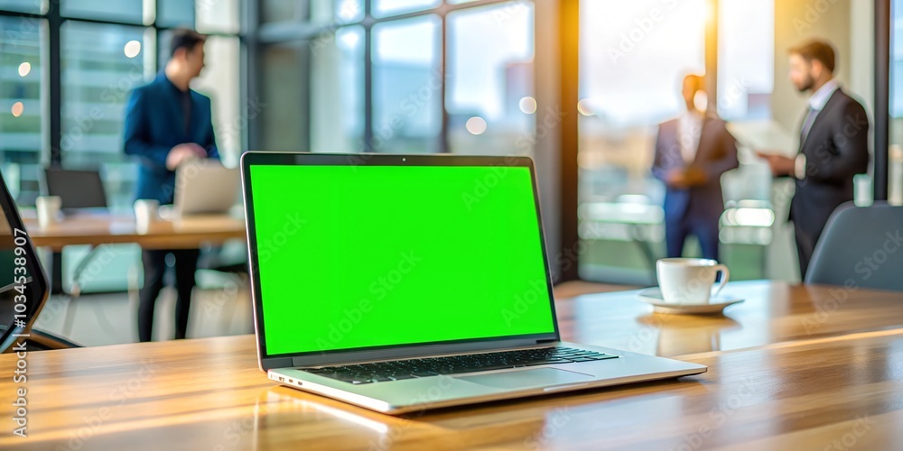 Laptop display with green screen background on an office desk while ...