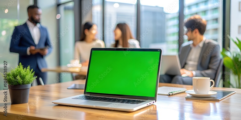 Laptop display with green screen background on an office desk while ...