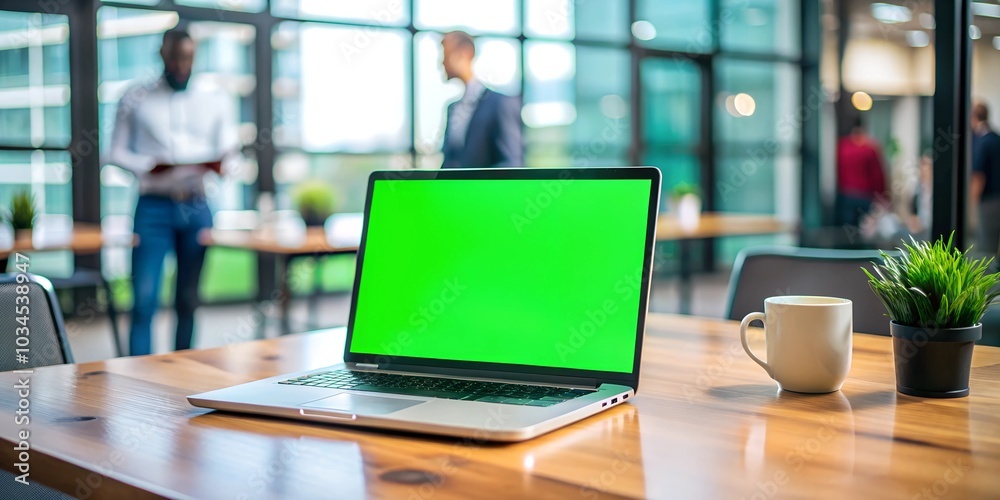 Laptop display with green screen background on an office desk while ...