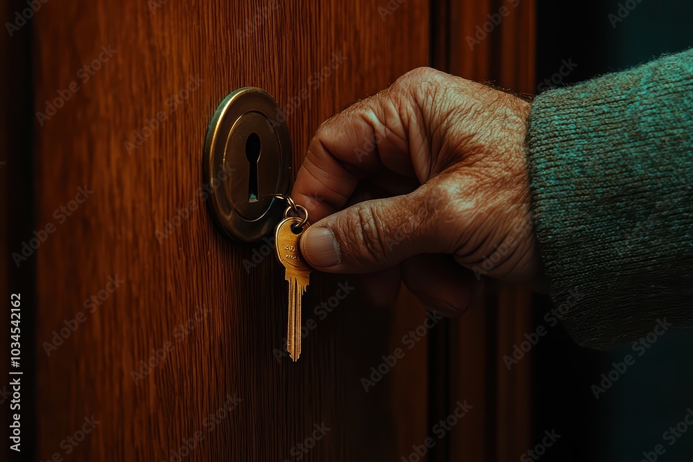 A hand inserting a key into a wooden door lock, symbolizing access and ...