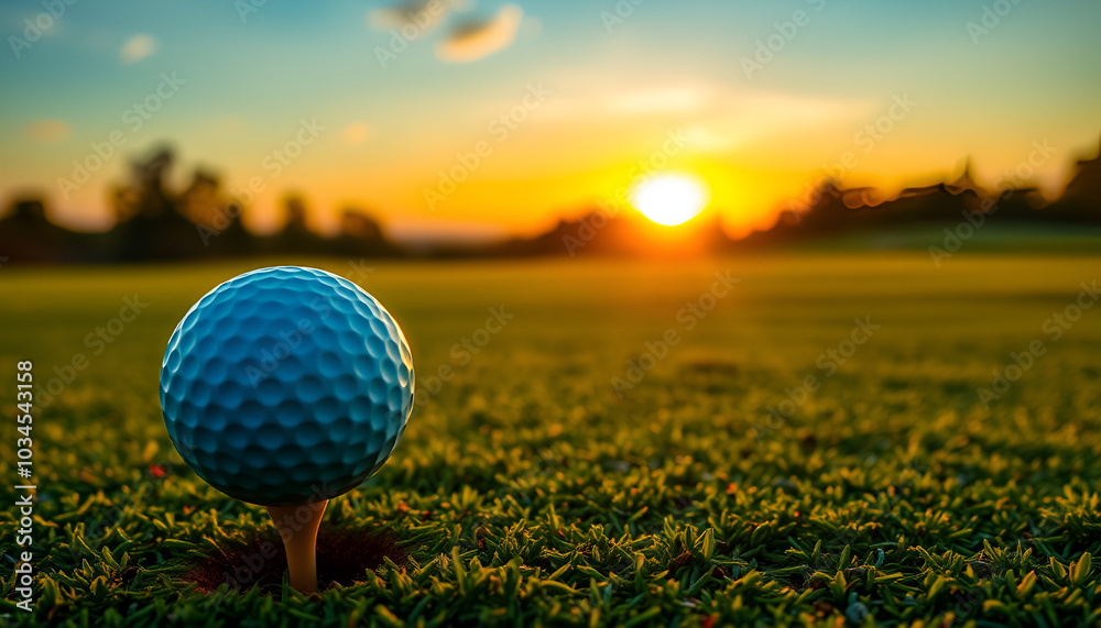 Golf ball sits on tee with a breathtaking sunset behind, casting a ...