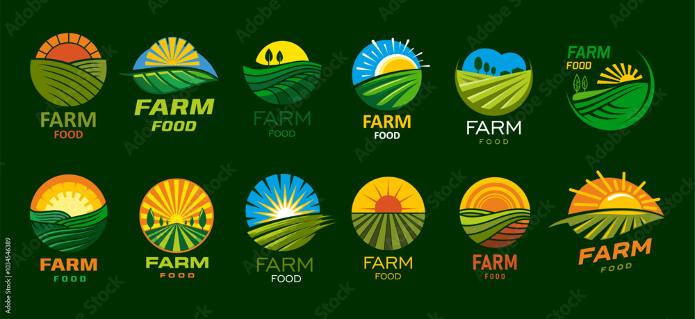 Agriculture farm food icons with green field, sun and sky. Vector rural ...