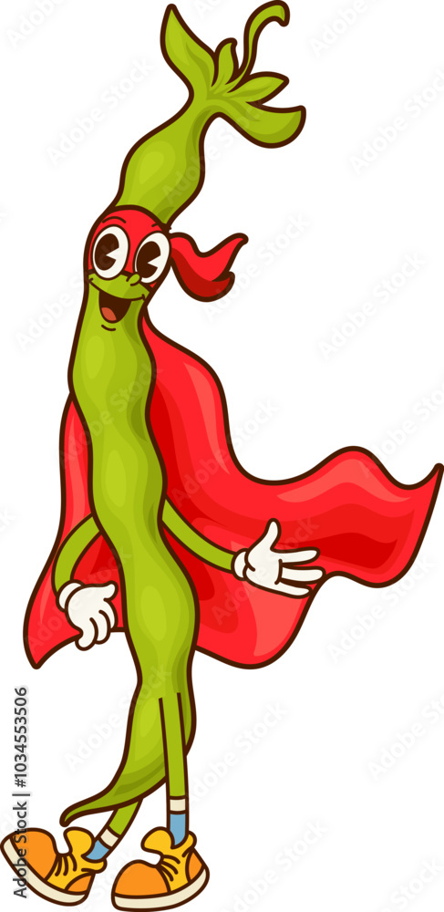 Cartoon groovy legume or bean pod character dressed as a superhero with ...
