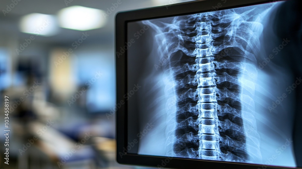 A detailed X-ray shows the structure of a human spine, highlighting ...