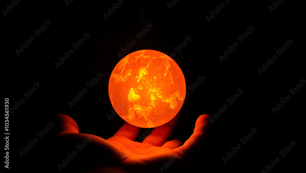 A glowing orange orb rests on a hand, illuminating the dark ...