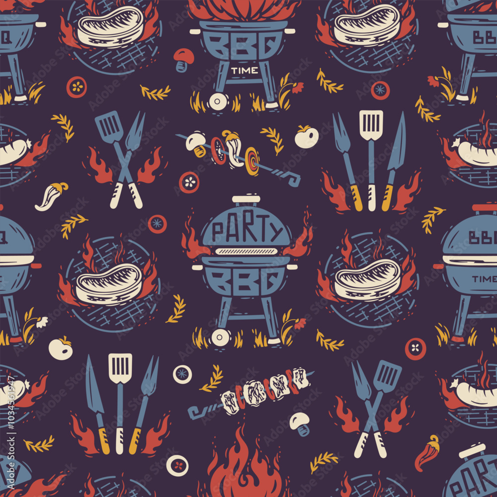 BBQ Party Time. Vector Seamless Food Pattern of Portable Charcoal Grill ...