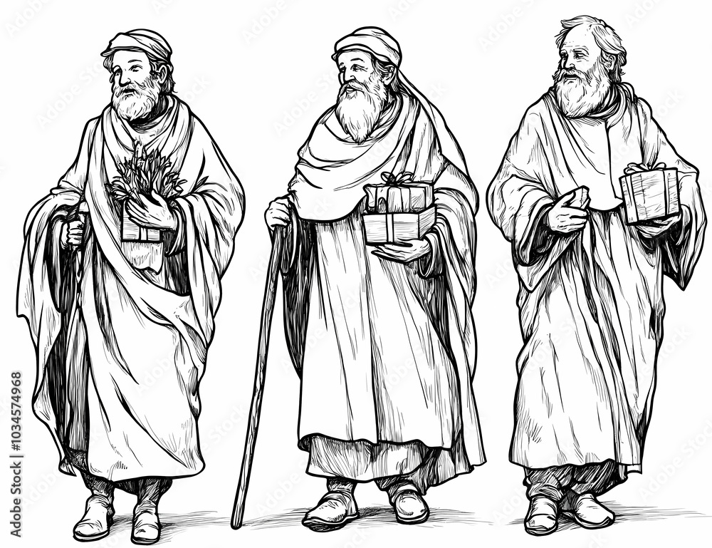 Black and white line drawing of three Jewish men in the first century ...