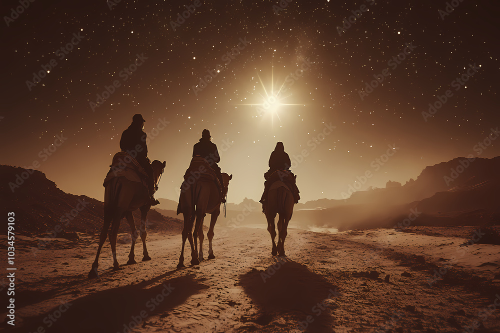 The Three Kings following the star, a realistic photo depicting a dusk ...