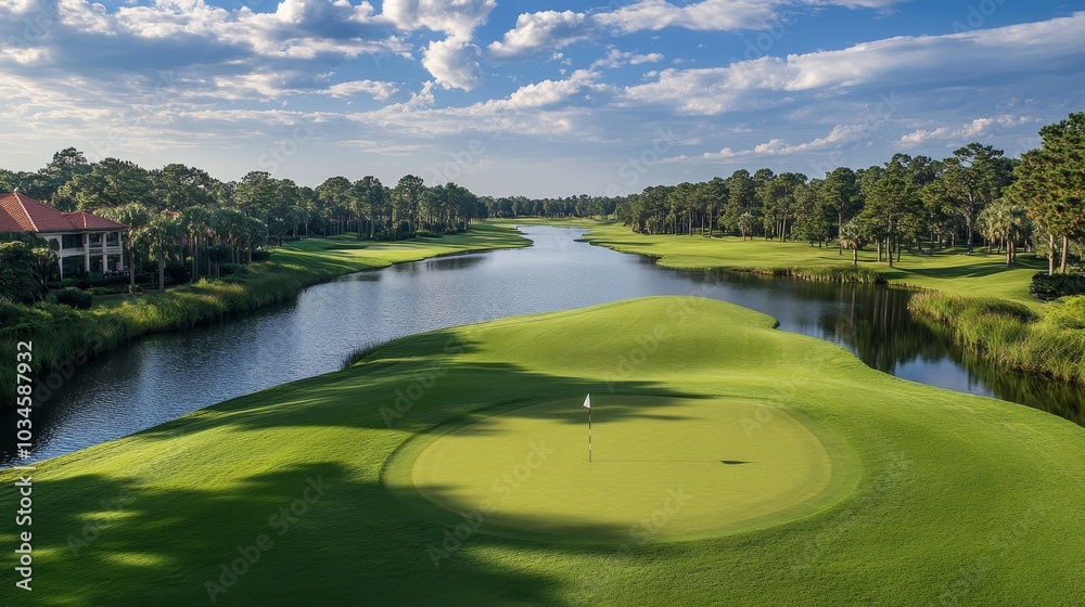 High-angle view of a soaring golf ball, heading towards the flagstick ...
