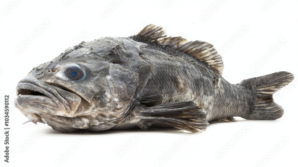 Atlantic Wolffish Anarhichas lupus lies against a white background ...