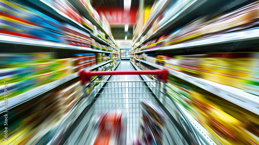 a modern grocery store from the perspective of a shopping cart racing ...