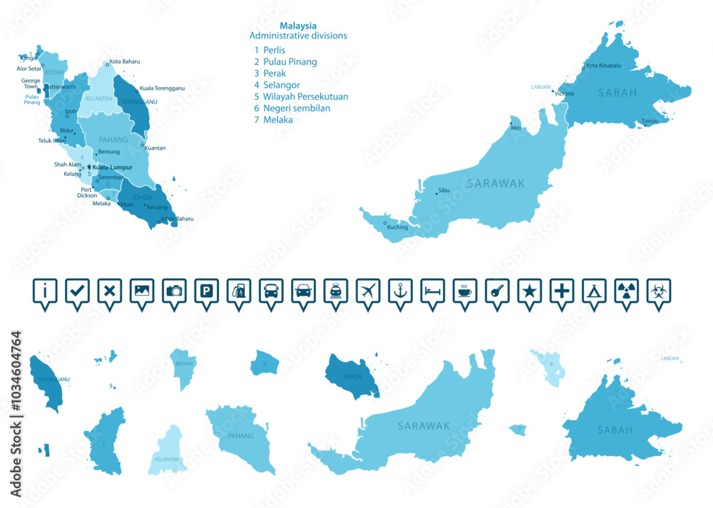 Malaysia - detailed map of the country in blue colors, divided into ...