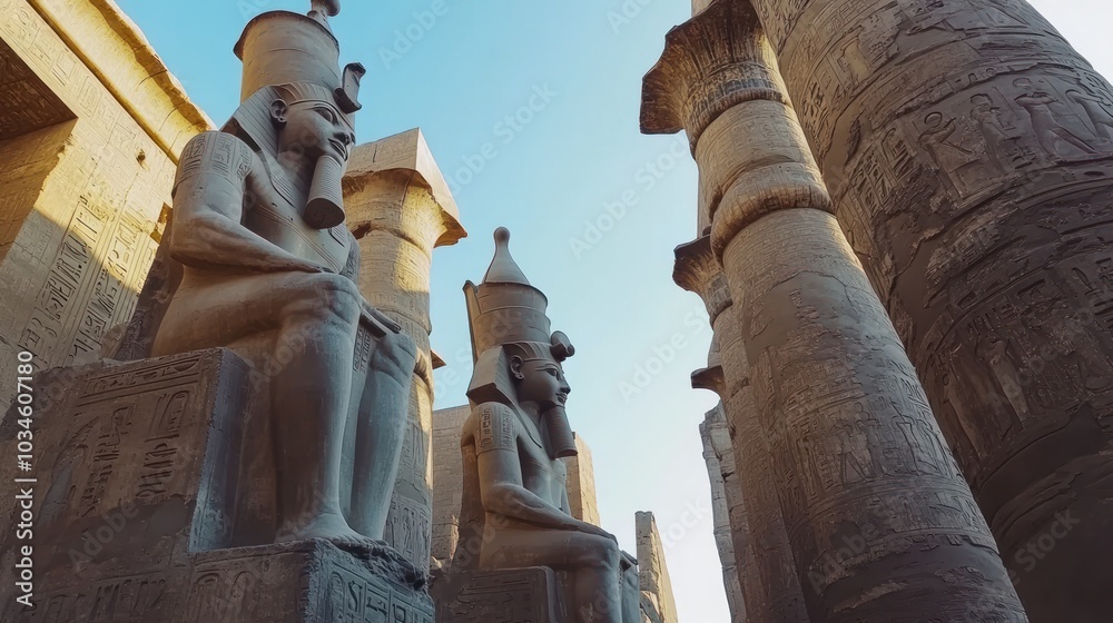 Ancient Egyptian statues and columns in a historical temple setting ...