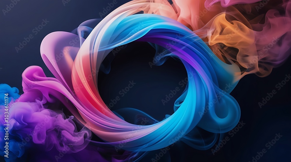 dynamic round smoke ring created by colorful ink, swirling in a ...