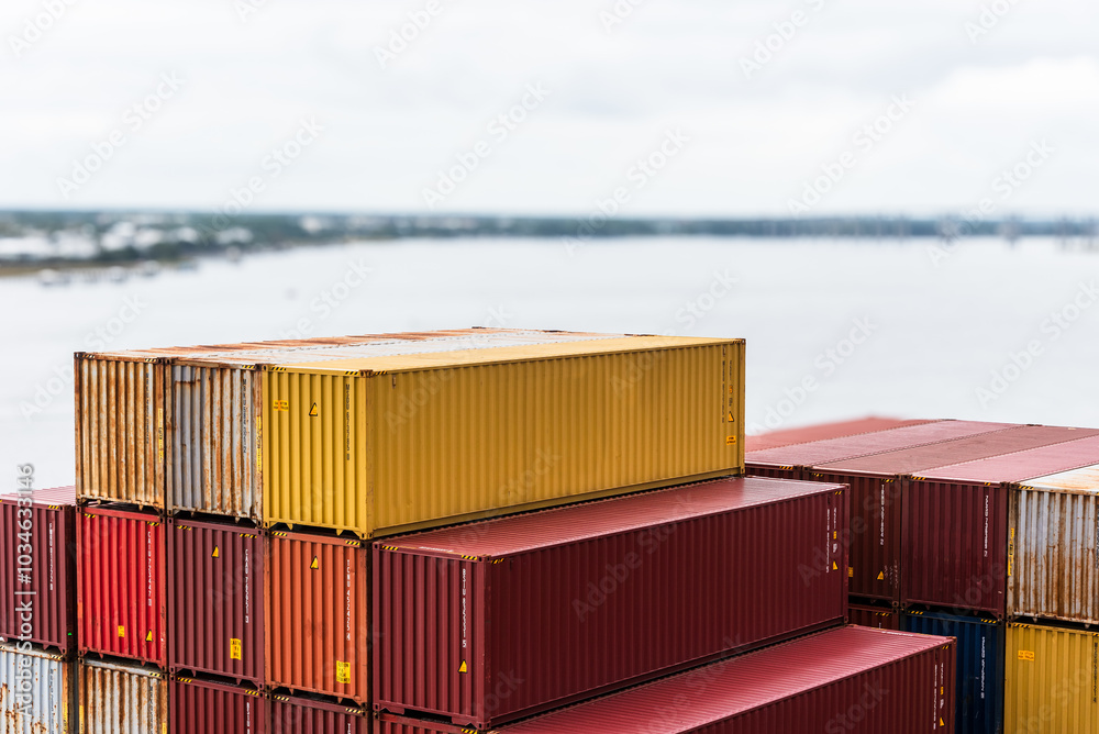 Containers loaded on the deck of a cargo ship, neatly arranged in rows ...