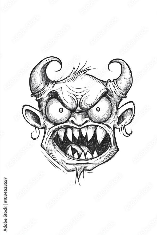 Cartoon demon face with horns and sharp teeth black and white ...