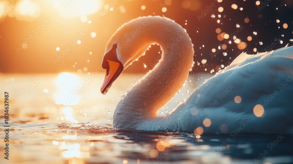 A graceful white swan with its head turned to the side, swimming in a ...