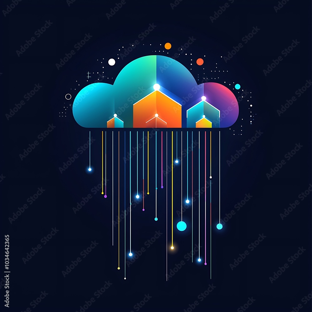 Bright and colorful cloud illustration depicting data flow with ...