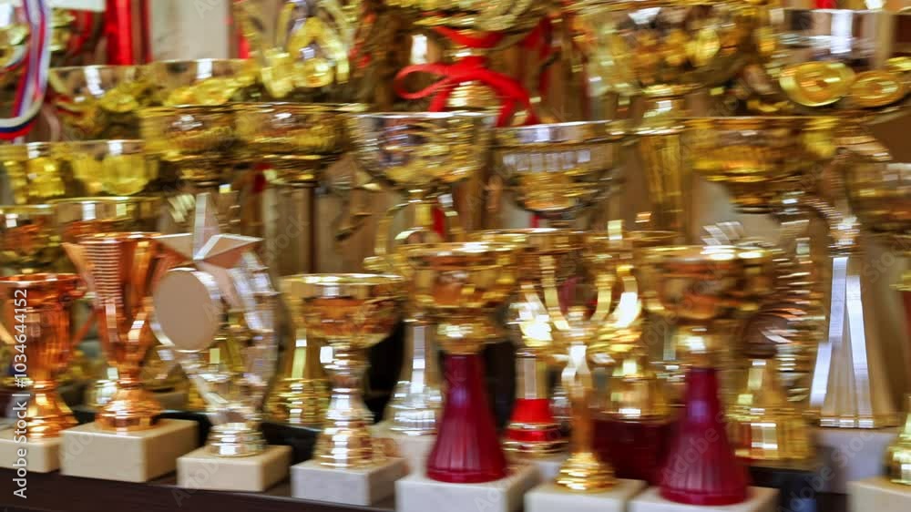 Close-up of regiment with gold cup, award, honorary champion ribbon ...