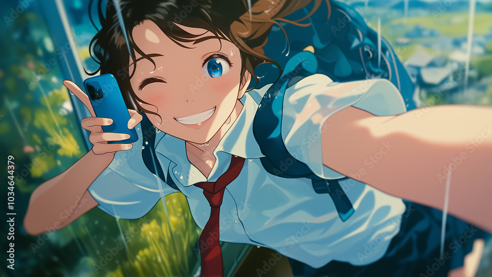 Anime high school girls using smartphones. Styled like an anime or game ...