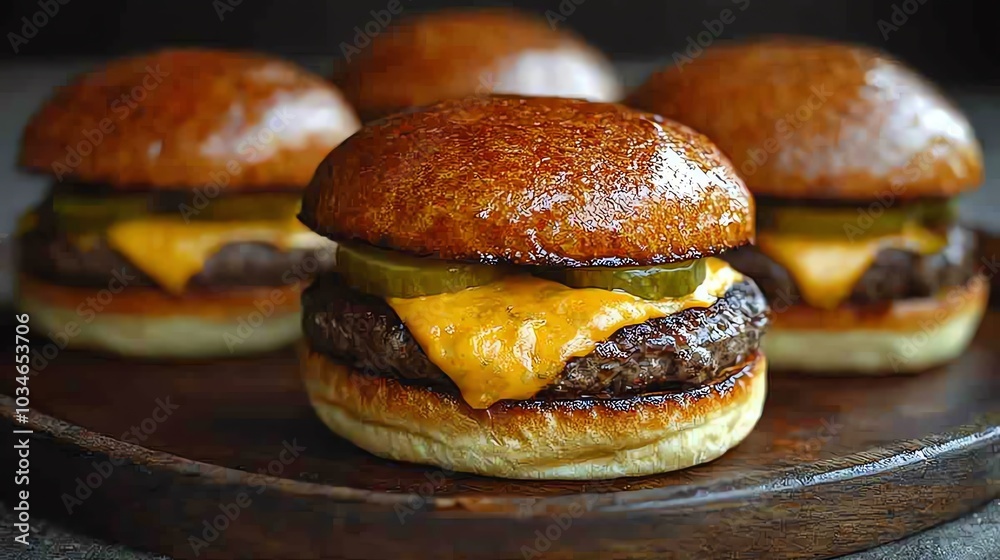 Organic beef sliders with melted cheddar and pickles on soft brioche ...