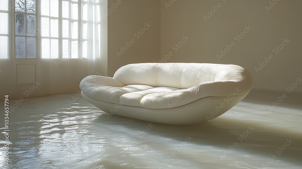 floating couch in an empty room symbolizes severe water damage ...