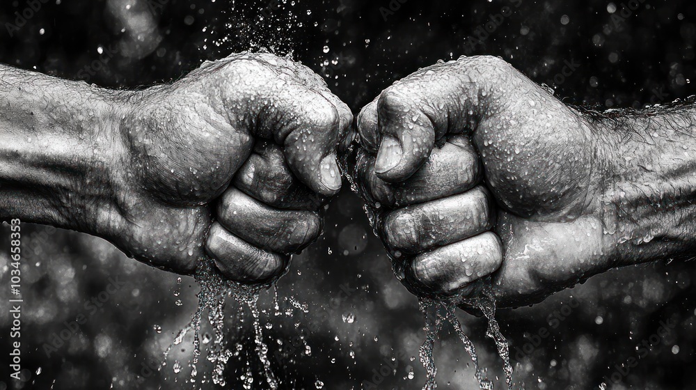 Two clenched fists in the air with water splashing around them ...