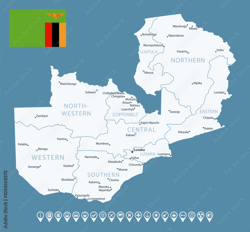 Zambia - detailed country map with cities and regions. Infographic ...
