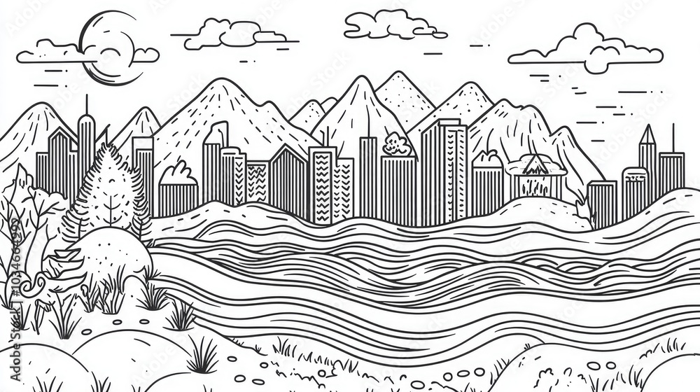 Line art illustration promoting the celebration of rivers suitable for ...