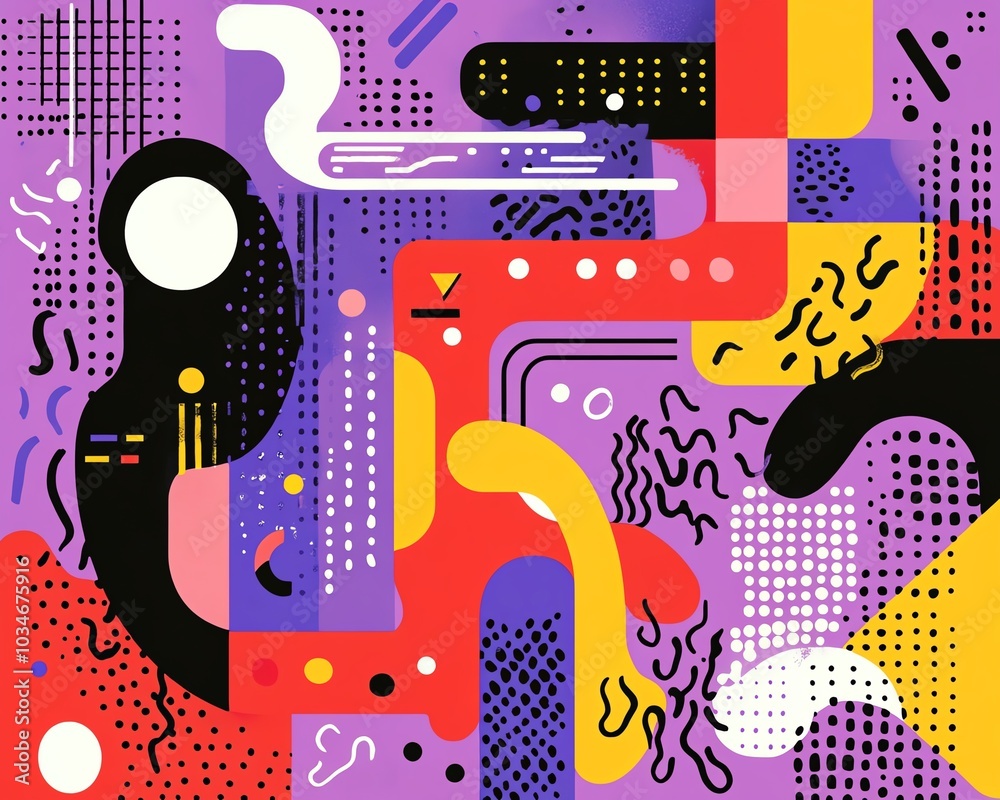 Abstract 80s Memphis style design elements against a vivid purple ...