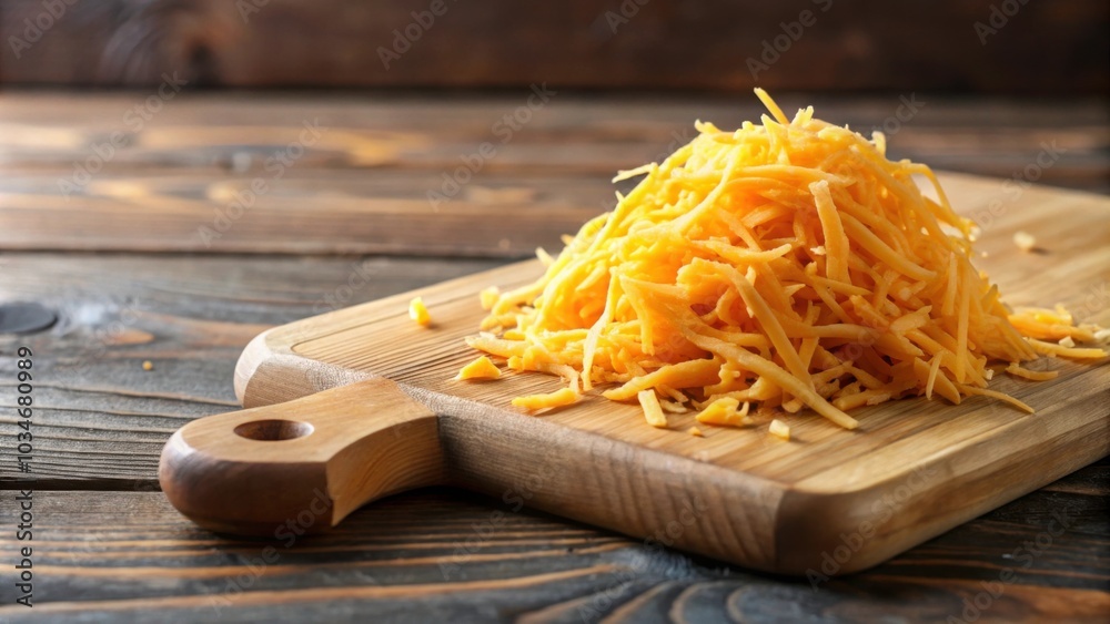 Grated cheddar cheese sprinkled on a cutting board , food, dairy ...