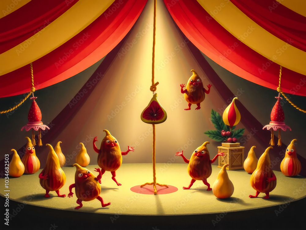 A group of fruit characters are performing in a circus. The scene is ...