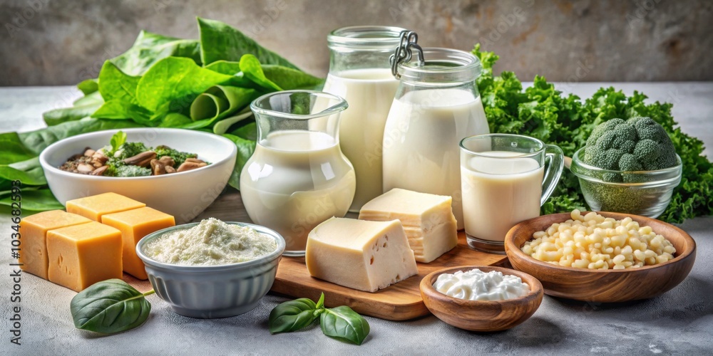 Variety of calcium-rich foods including milk, cheese, yogurt, and leafy ...